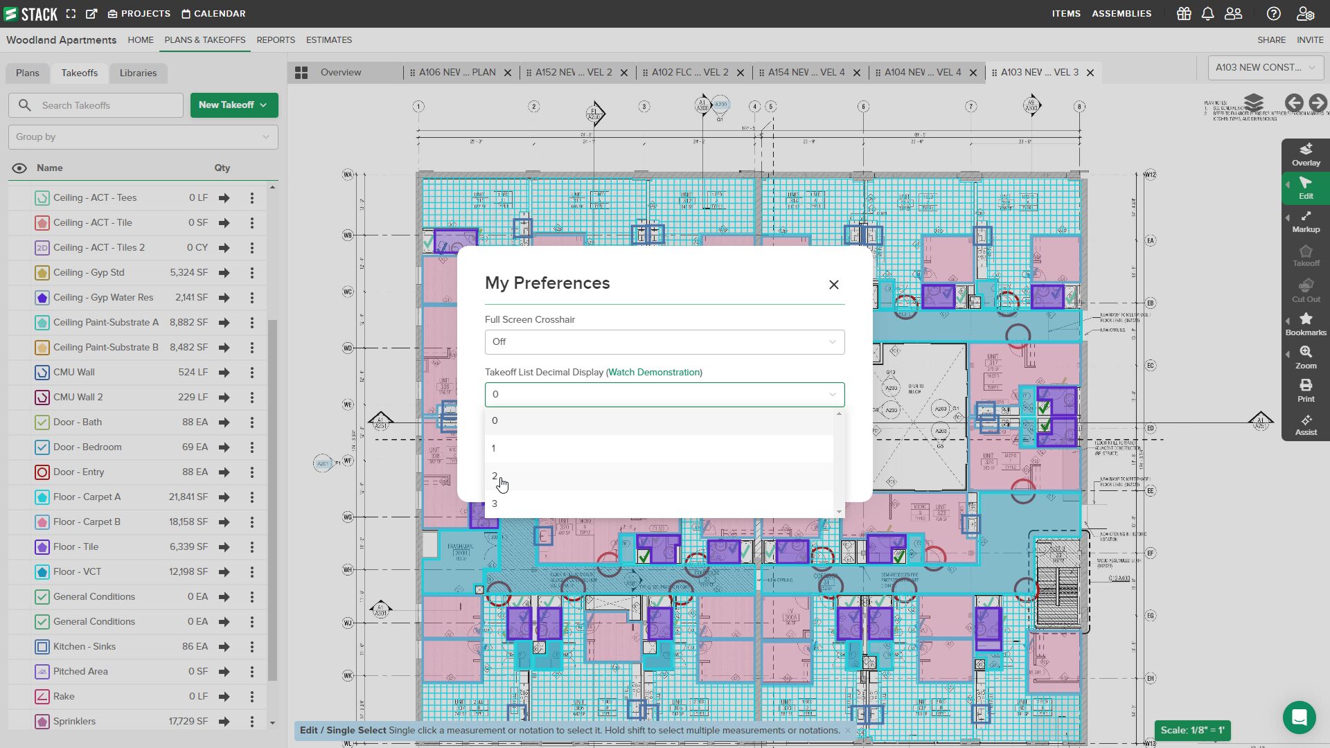 Takeoff List Decimal Display - STACK Construction Technologies