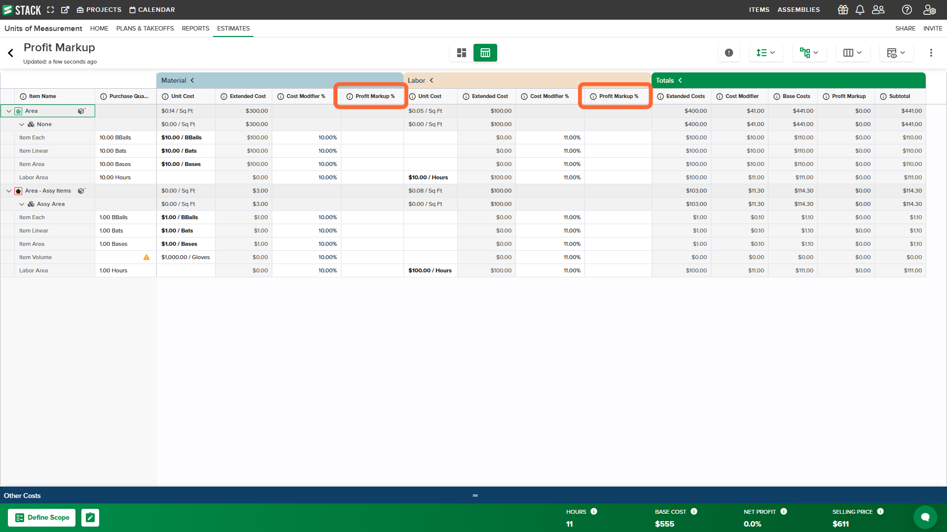 Line Item Profit Markup - STACK Construction Technologies
